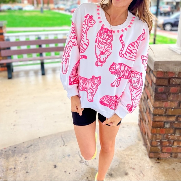 QUEEN OF SPARKLES | Tops | Neon Pink Tigers Sweatshirt By Queen Of ...